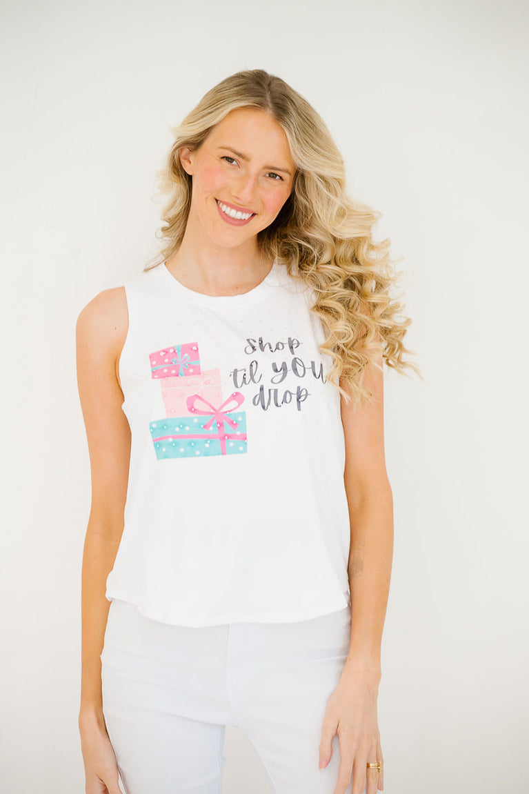 *SHOP TIL YA DROP WHITE TANK - SMALL – Judith March