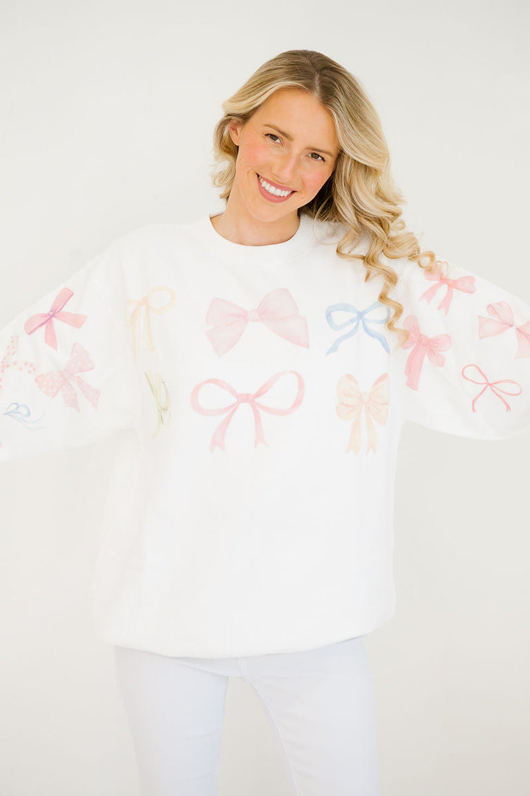 *BOWS ON BOWS WHITE PULLOVER - SMALL – Judith March