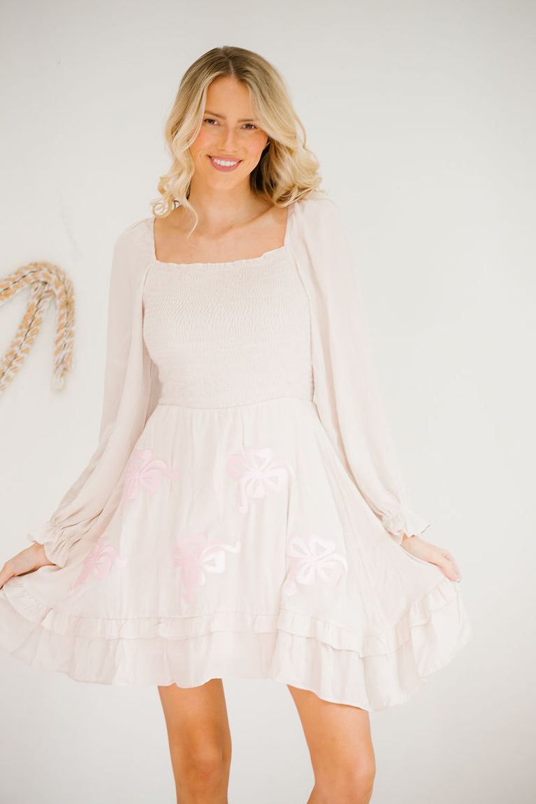 *PINK BOWS BEIGE DRESS - SMALL – Judith March